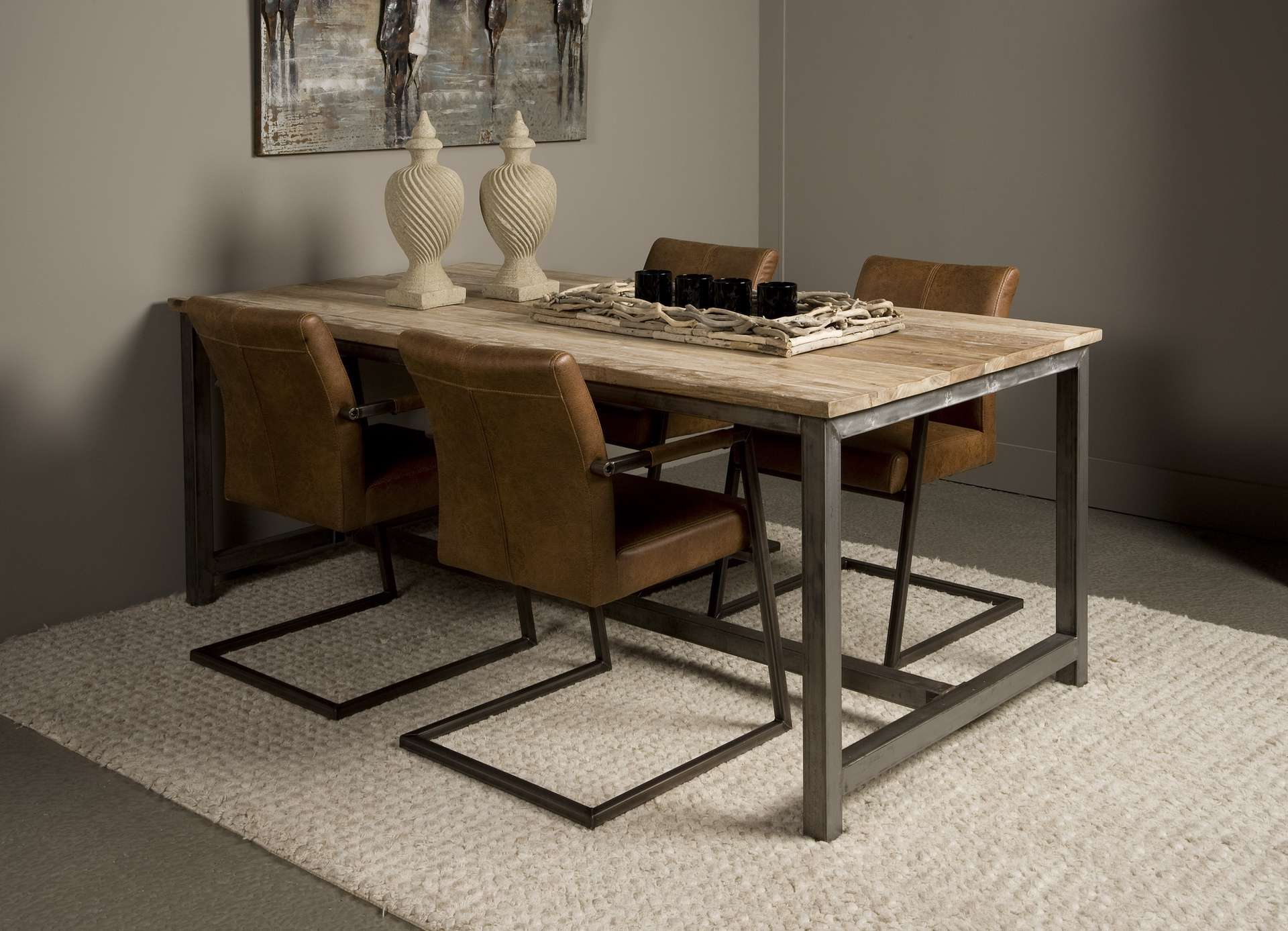 Eettafel hout industrieel met metaal en teak Utah 140 cm en 160 cm ...