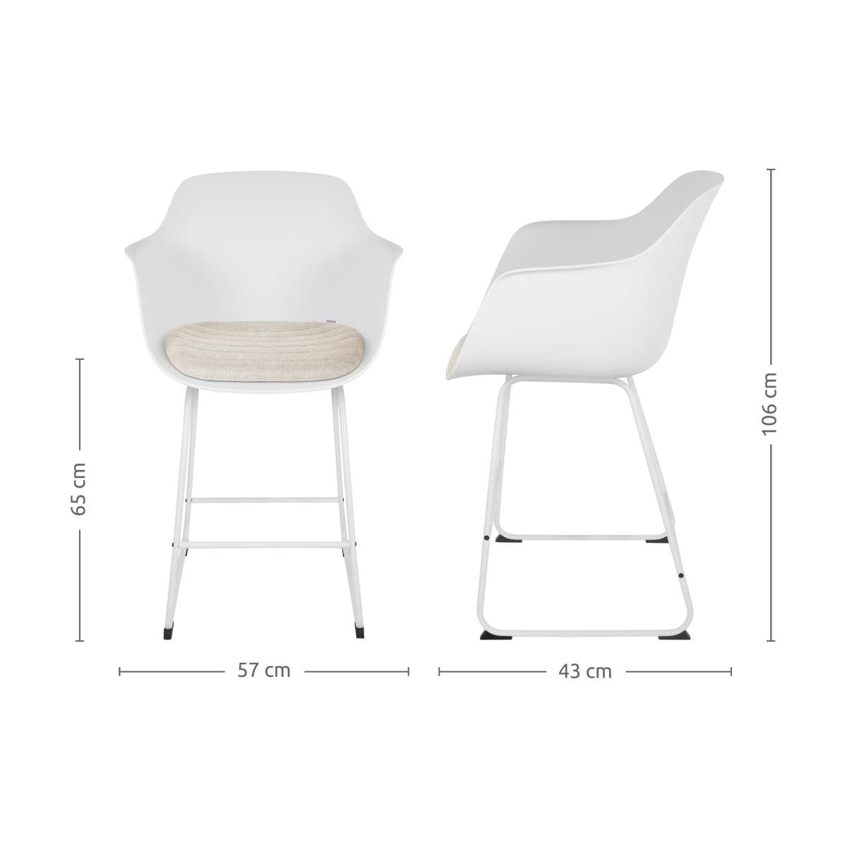 Barkruk Nino-Liz wit met armleuningen en zitkussen (zithoogte 65 cm ...